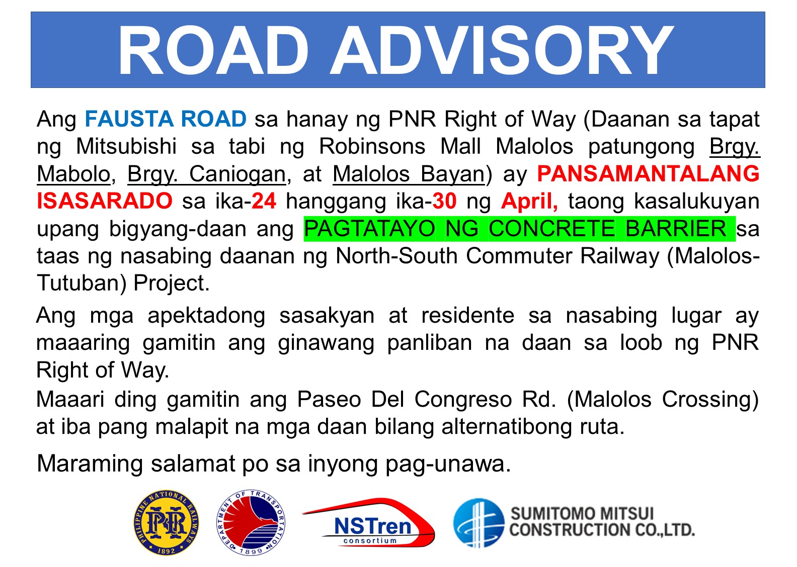NSCR-CP02: Road Advisory – SUMITOMO MITSUI CONSTRUCTION CO., LTD.